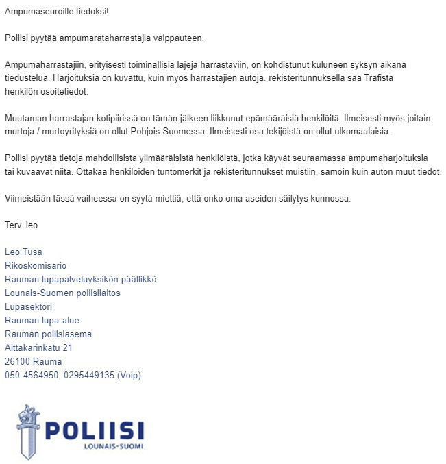 Poliisitiedote ampumaseuroille – Leppa.fi